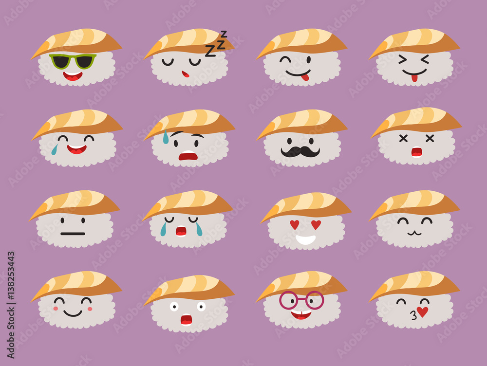 Emoticons sushi characters vector set. Funny sushi with cute faces ...