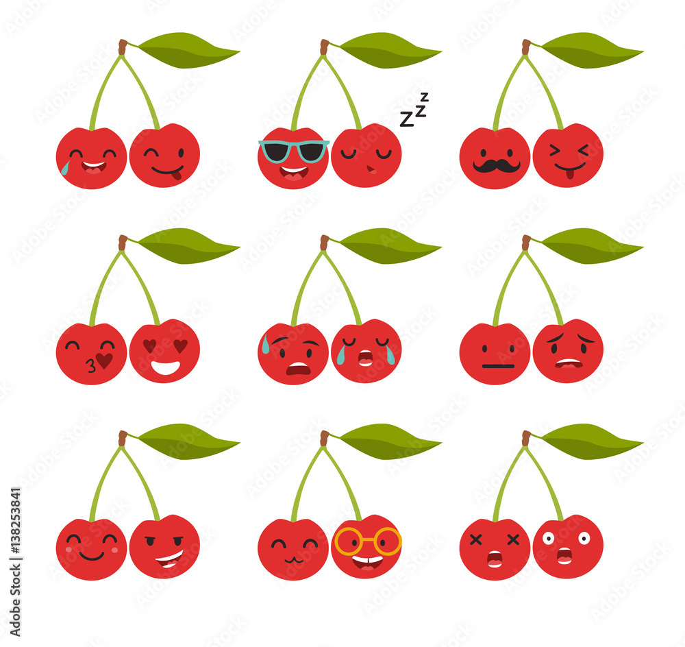 Emoji cherry vector. Cartoon cute fruit emoticons. Cherry characters ...