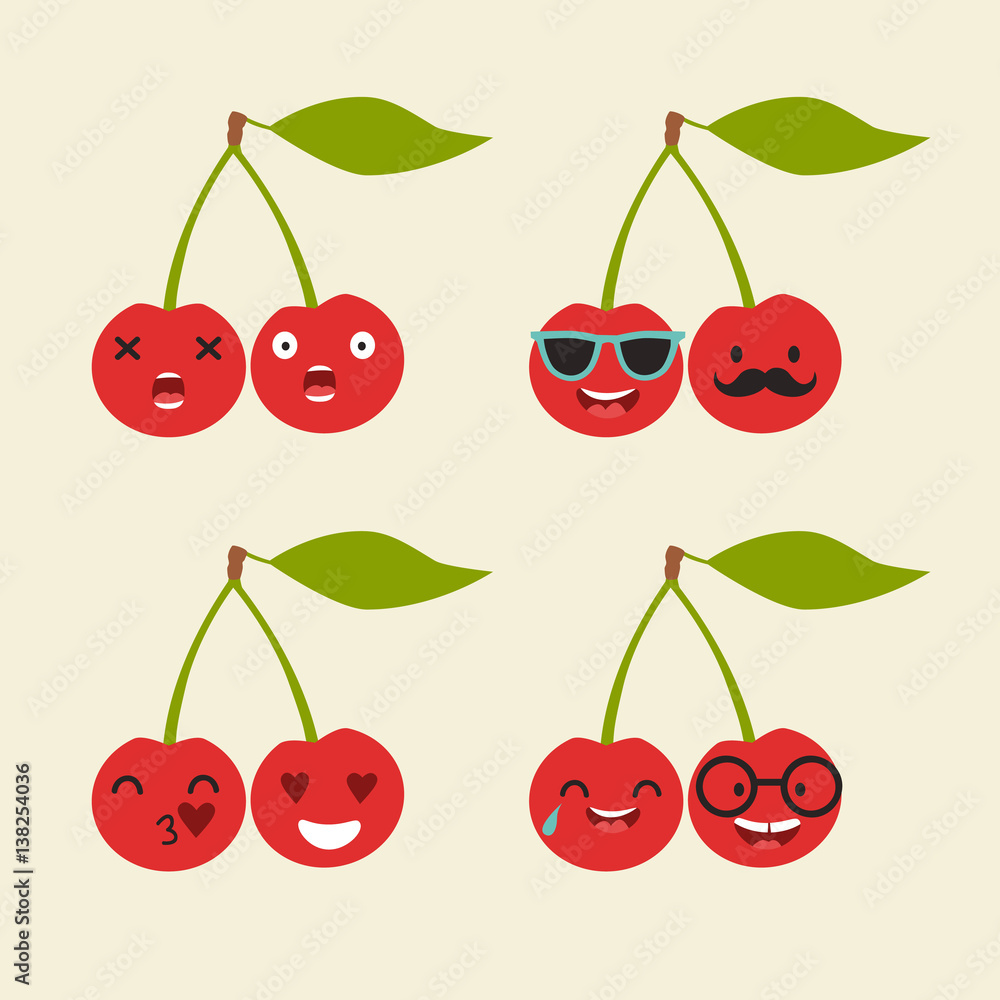 Emoji cherry vector. Cartoon cute fruit emoticons. Cherry characters ...