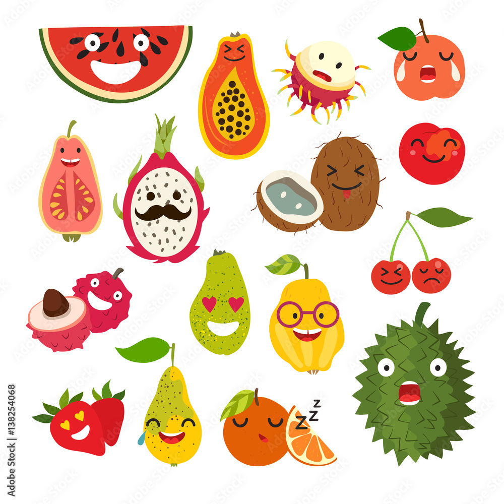 Emoticon vector cartoon fruit. Fruit character illustration. Cute funny ...