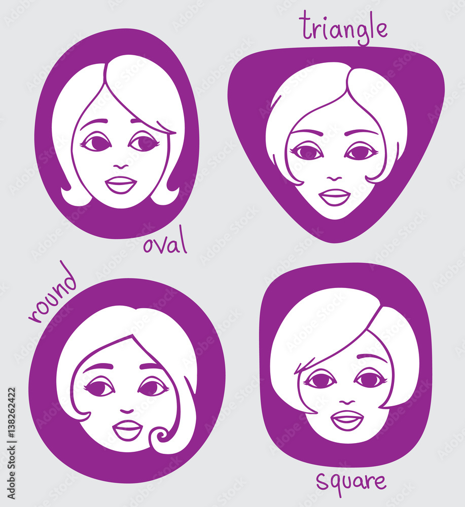 Different face shape types - oval, triangle, round, square. Four simple ...