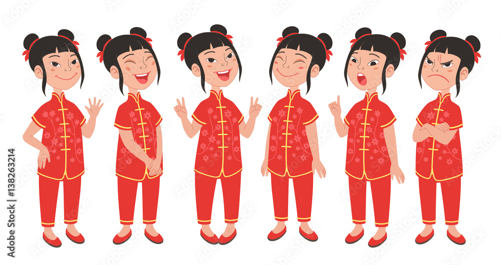 Cartoon asian girl in Chinese New Year festive costume. Full body ...