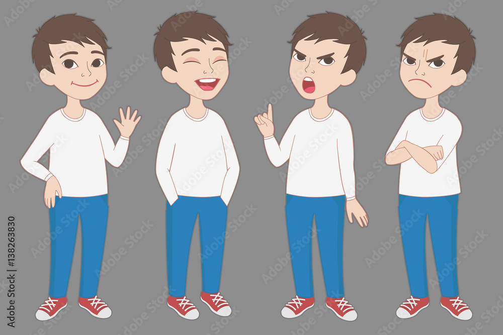 Cartoon school boy character full body portrait. Set of different ...