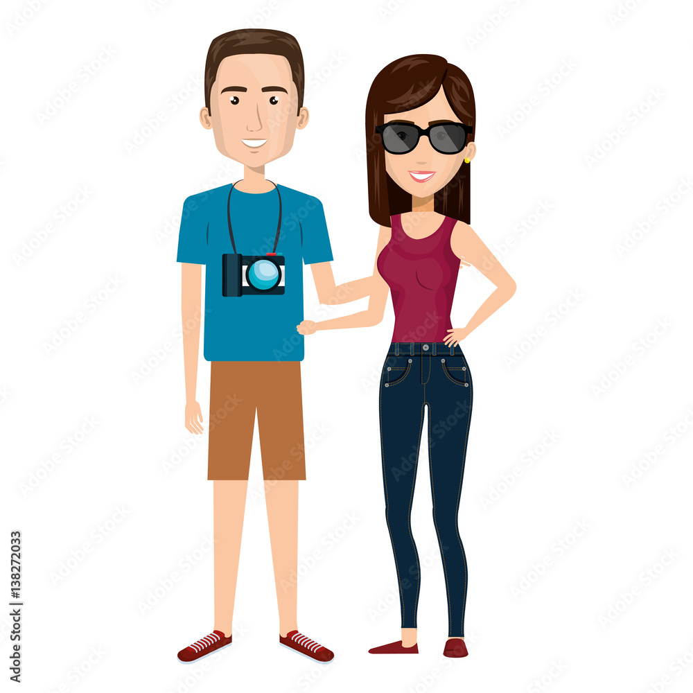 cartoon couple in travel with camera vector illustration Stock Vector ...