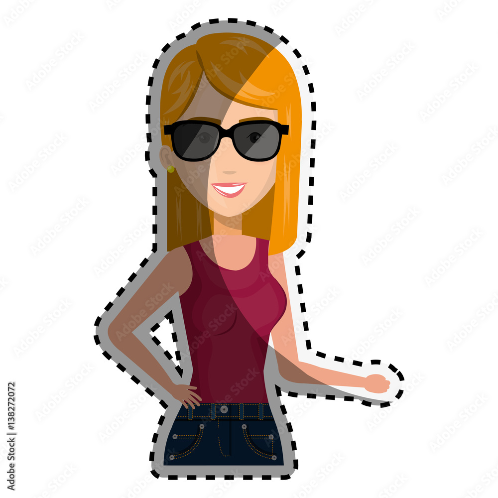 sticker half body cartoon blond woman with casual clothes and glasses ...