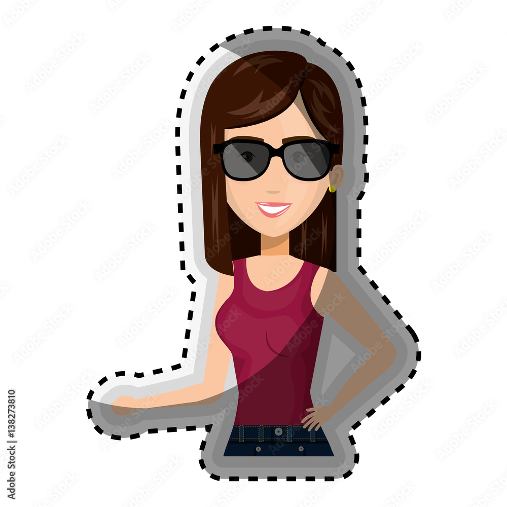 sticker half body cartoon woman with casual clothes and glasses vector ...