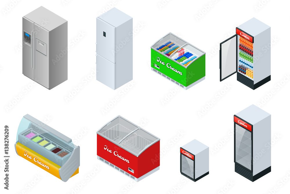 Isometric Fridge Drink with glass door. Mini display cooler. Freezer ...