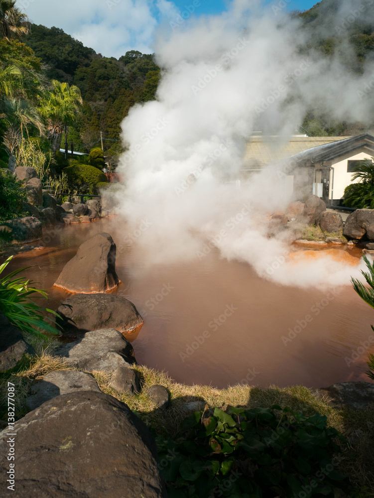 Hot spring water, red pond in Umi Jigoku at Beppu, Oita-shi, Kyushu ...