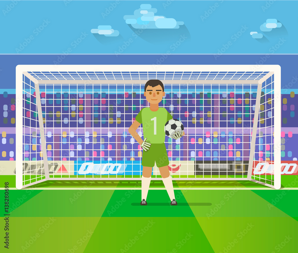 Soccer goalkeeper keeping goal on arena vector illustration. Flat ...