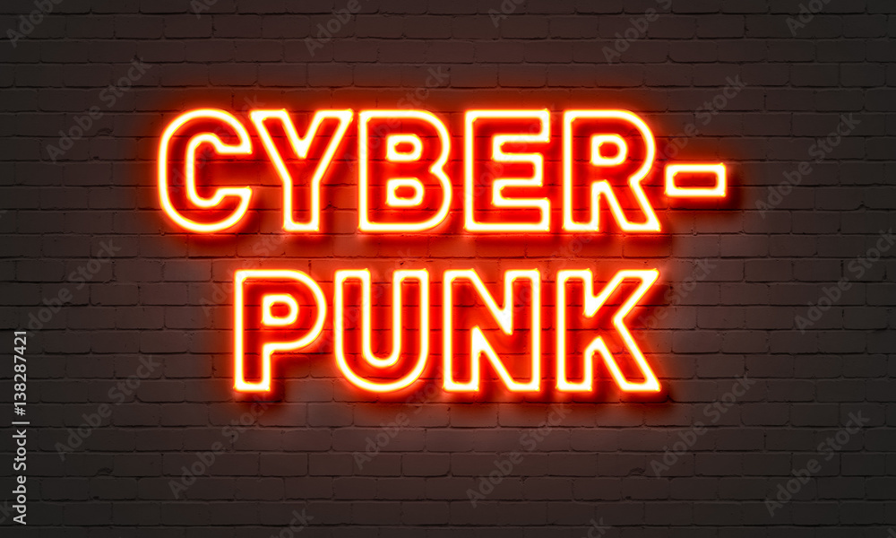 Cyberpunk neon sign on brick wall background. Stock Illustration ...