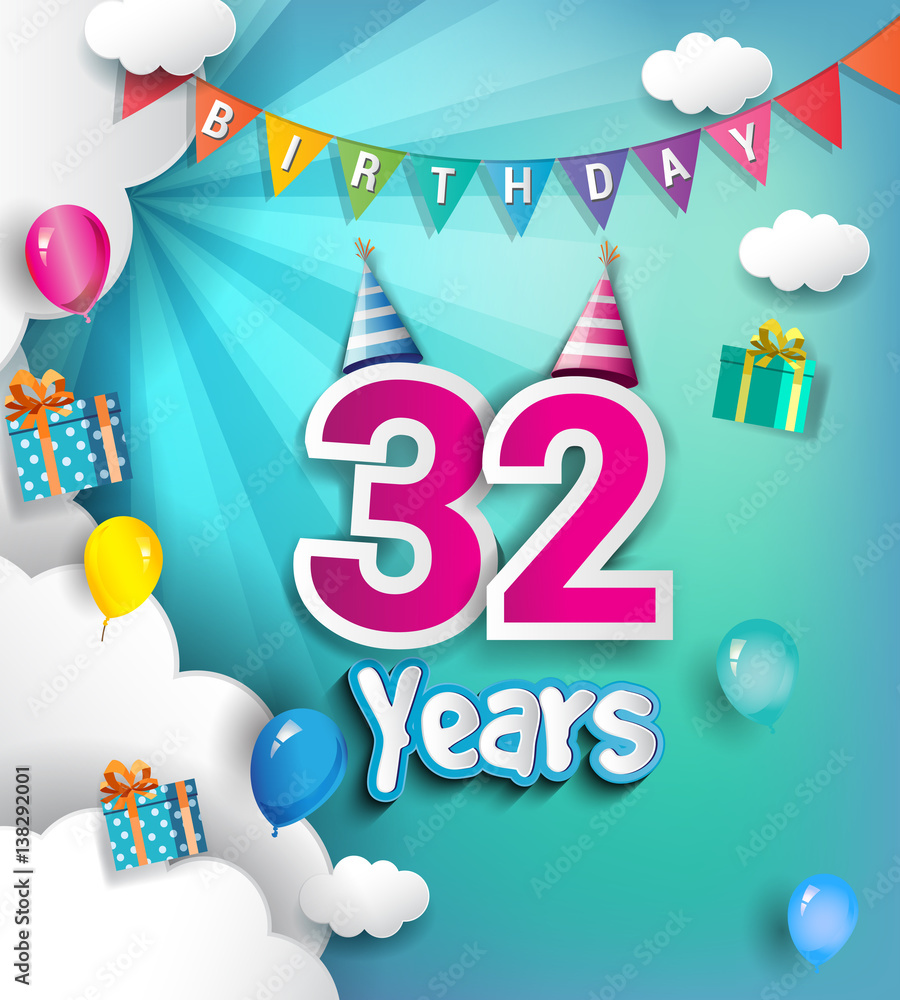 32 years Birthday Celebration Design, with clouds and balloons. using ...