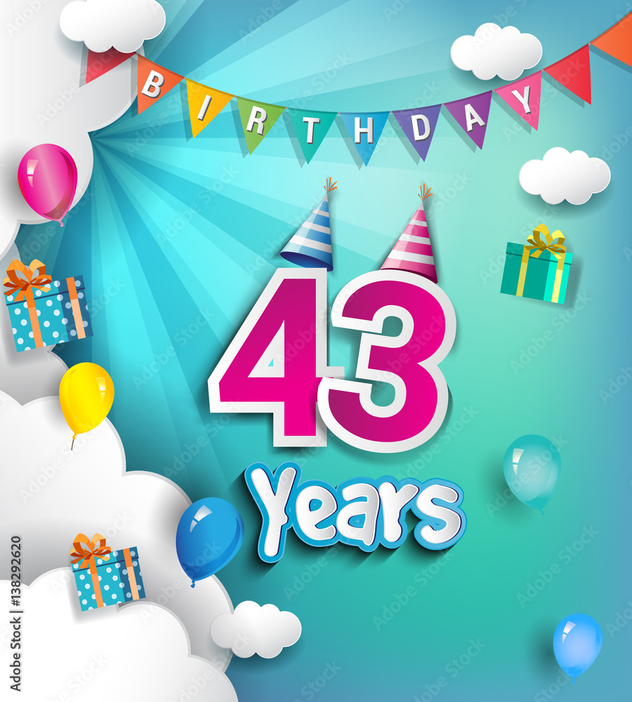43 years Birthday Celebration Design, with clouds and balloons. using ...