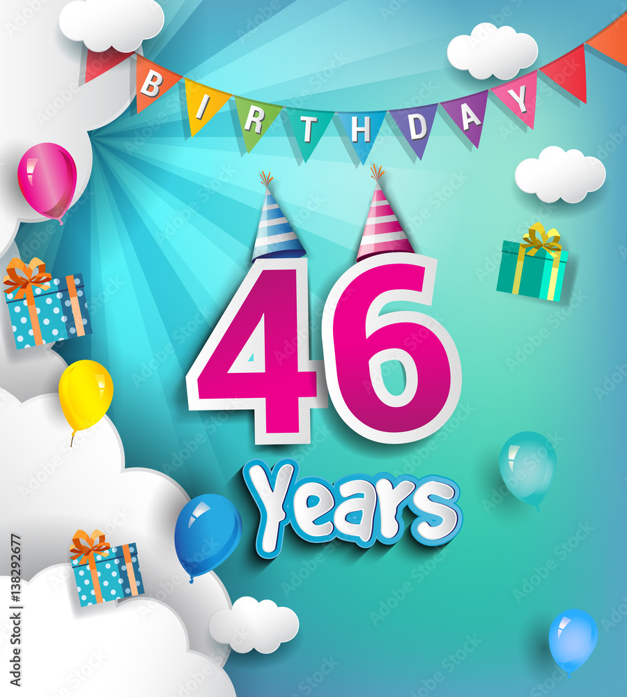 46 years Birthday Celebration Design, with clouds and balloons. using ...