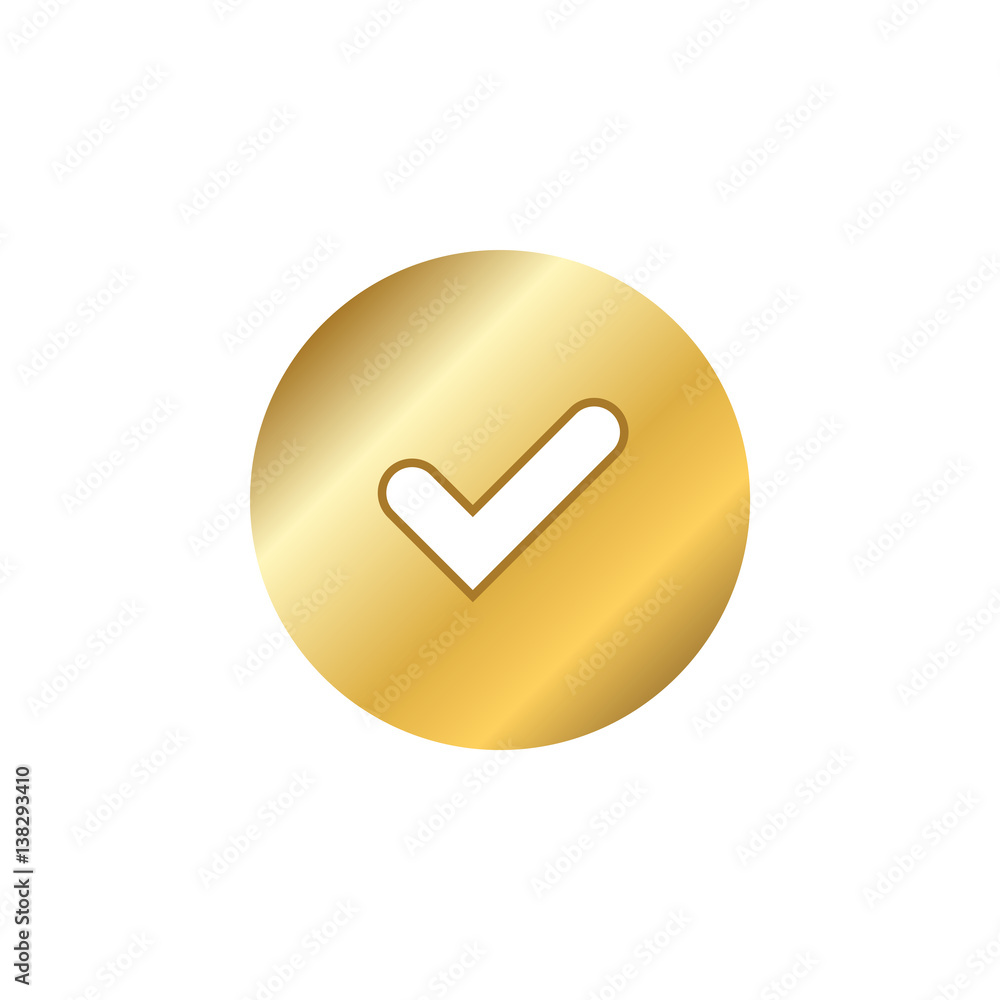 Tick gold sign element. Golden metallic checkmark icon isolated on white background. Check mark ...