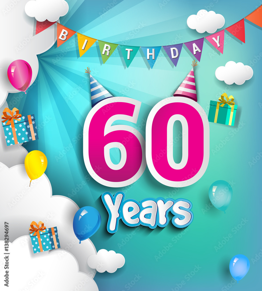 60 years Birthday Celebration Design, with clouds and balloons. using ...