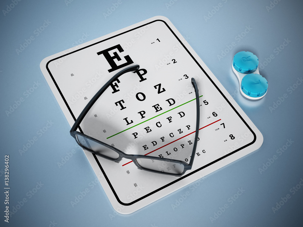 Eye test chart and eyeglasses. 3D illustration Stock Illustration ...