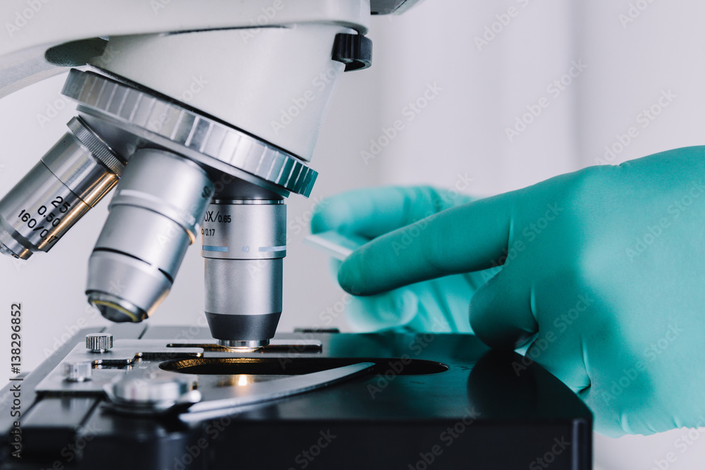 Close up view of scientist hands with gloves set the sample in the ...