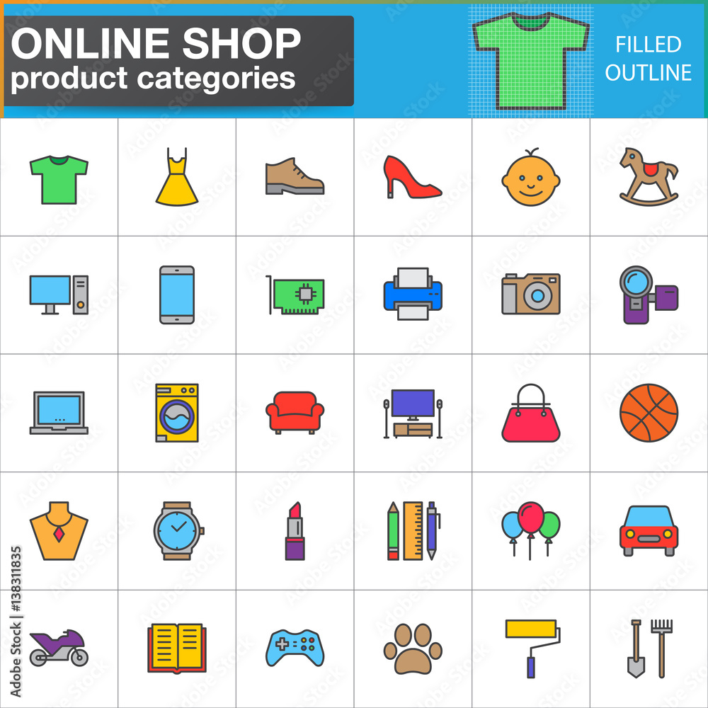 Shop product categories line icons set, filled outline vector symbol ...