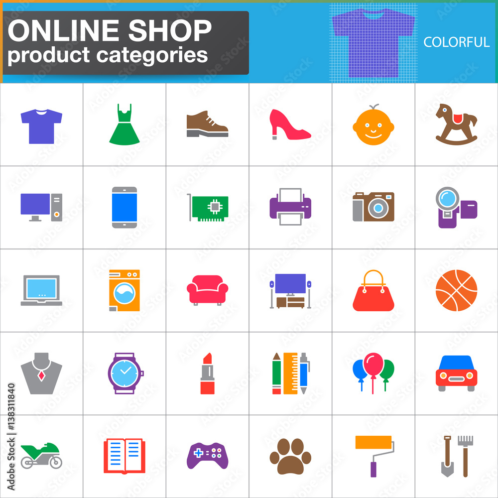 Online shop product categories vector icons set, modern solid symbol ...