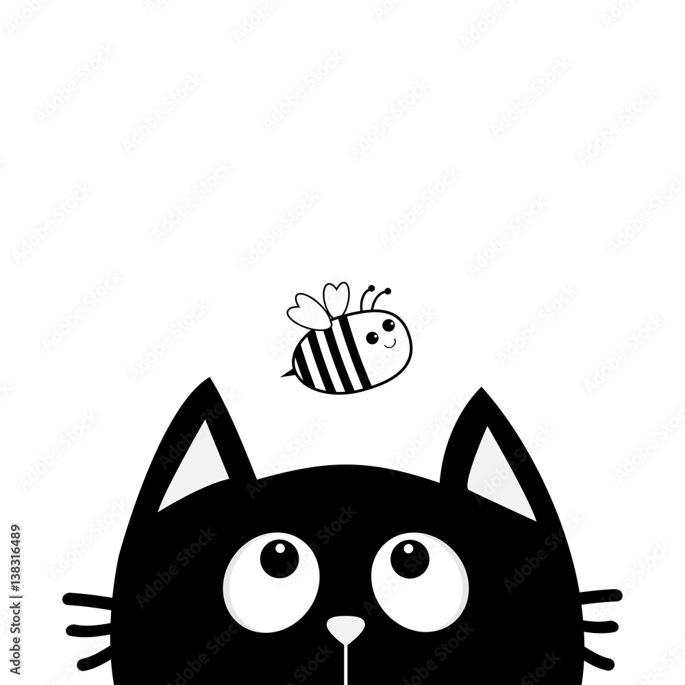 Black cat looking up to bee bumblebee honeybee insect. Cute cartoon character. Kawaii animal ...