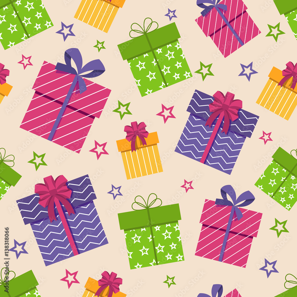 Gift box seamless pattern. Vector boxes with gifts and stars background ...