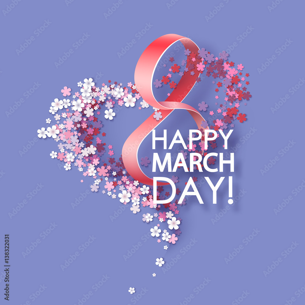 Women day background with frame flowers and pink ribbon. 8 March ...