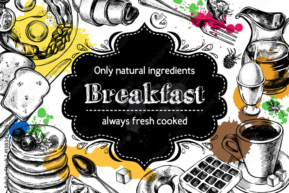 Traditional breakfast. Composition of hand drawn food elements: English ...