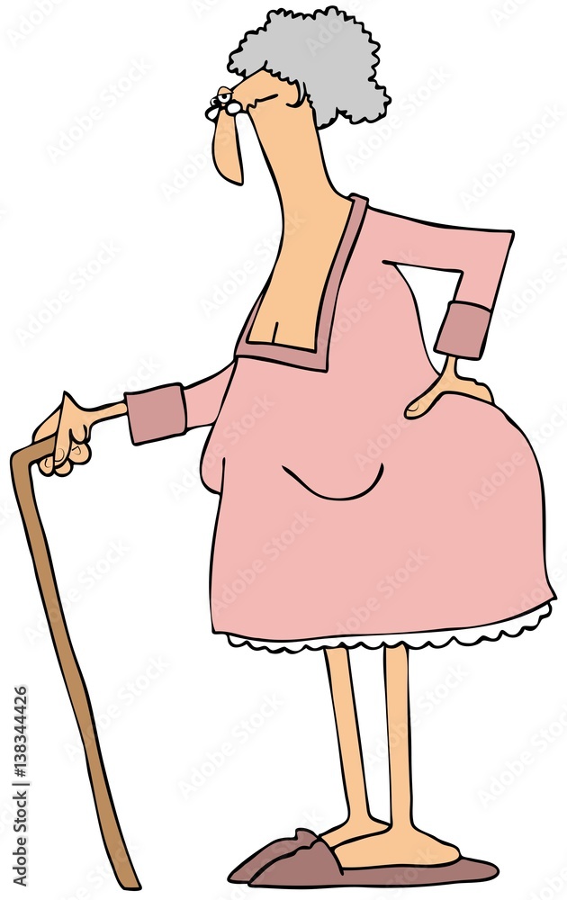 Illustration of an old lady with a cane and a sore back. Stock ...
