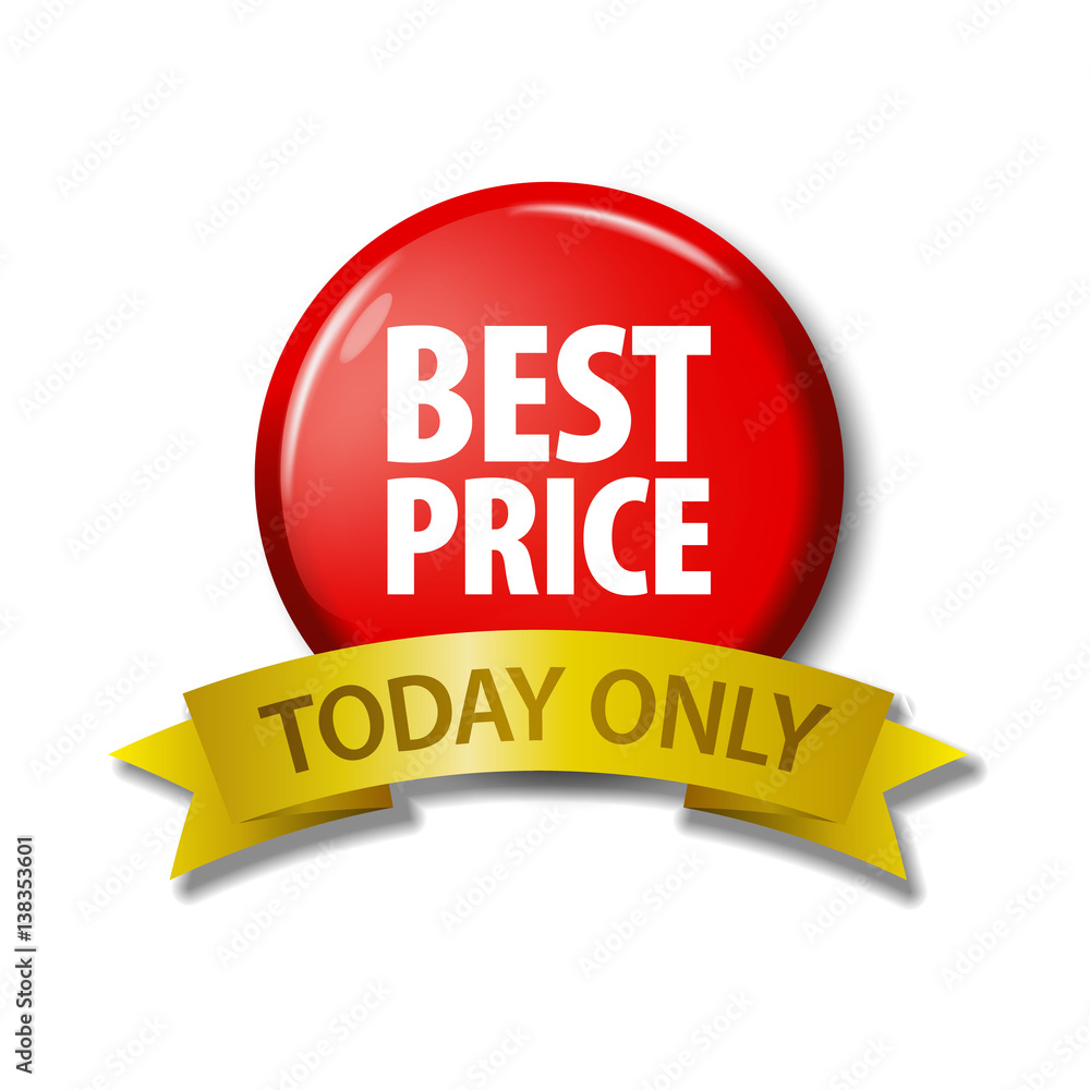 Bright red round button and gold ribbon with words 'Best Price - Today ...
