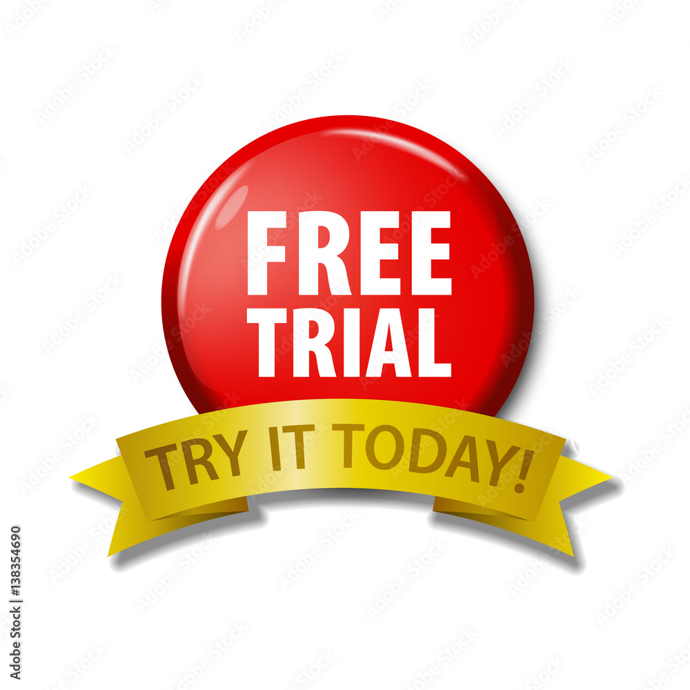 Bright red round button and gold ribbon with words 'Free Trial - Try It ...