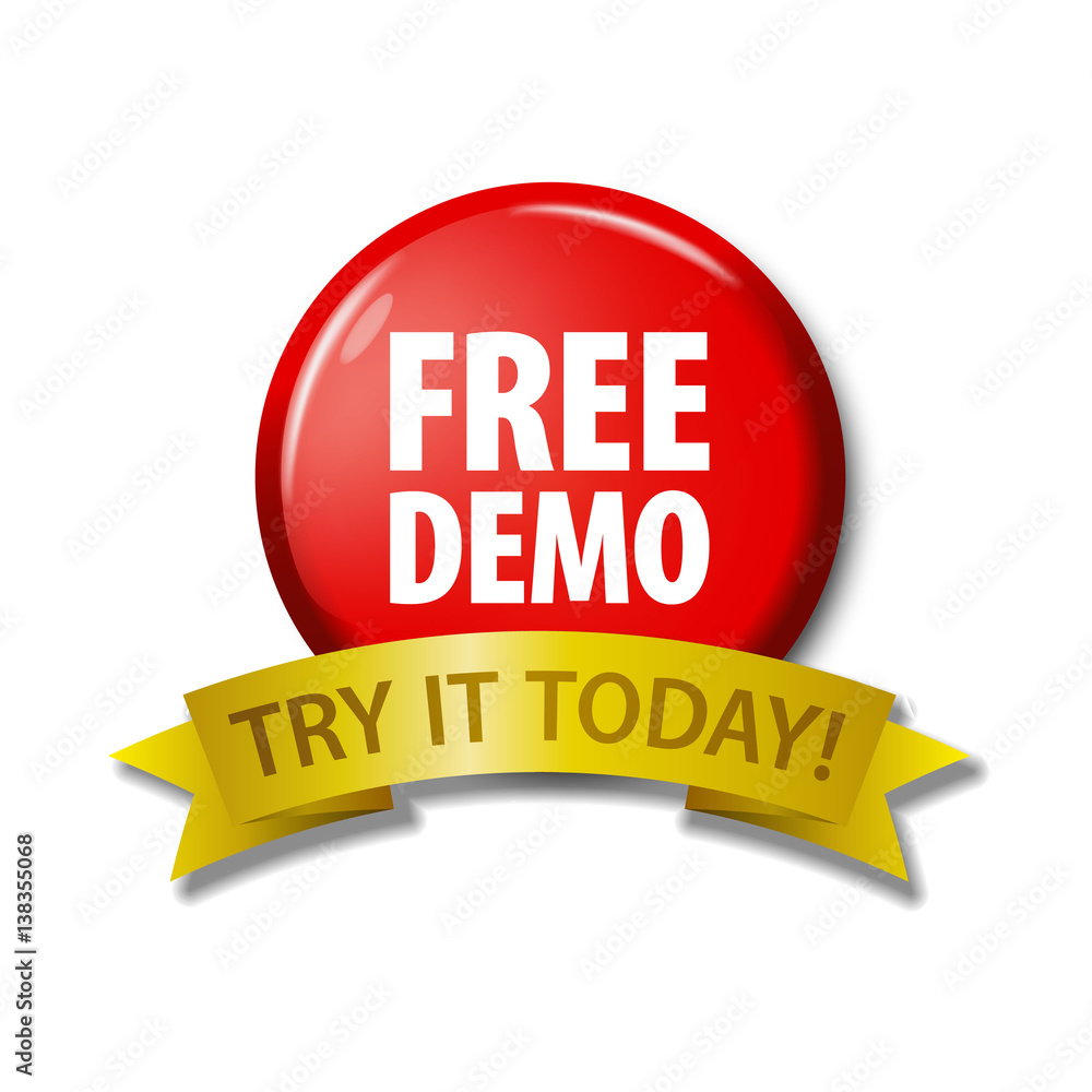 Bright red round button and gold ribbon with words 'Free Demo - Try It ...
