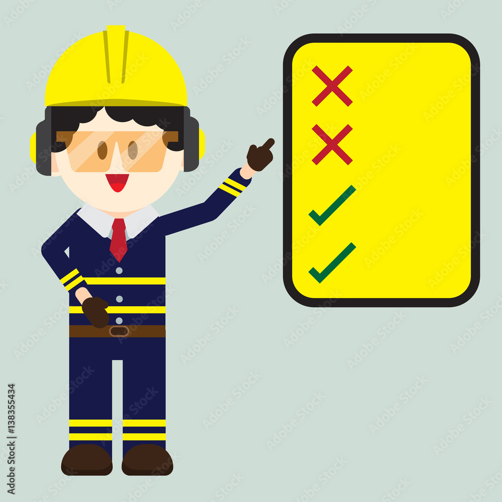 Construction ,Technician worker pointing safety sign, do and don't sign ...