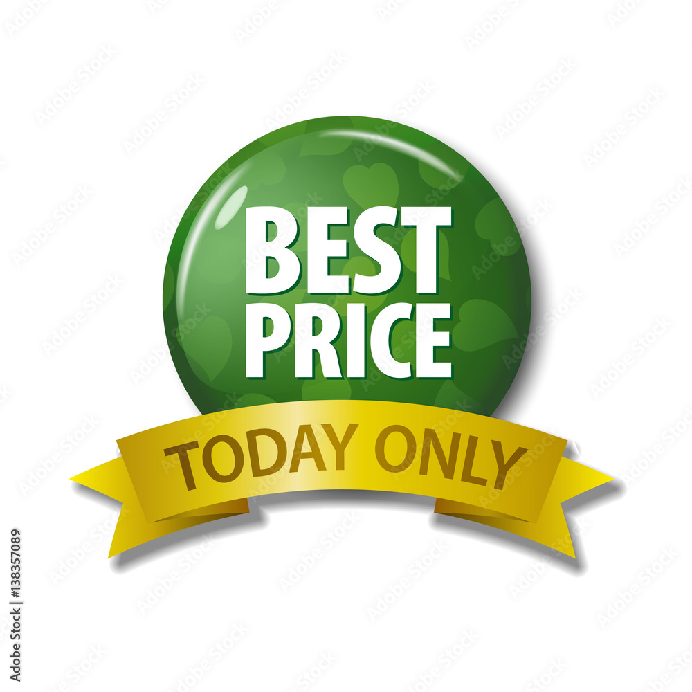 Bright green round button and yellow ribbon with words 'Best Price ...