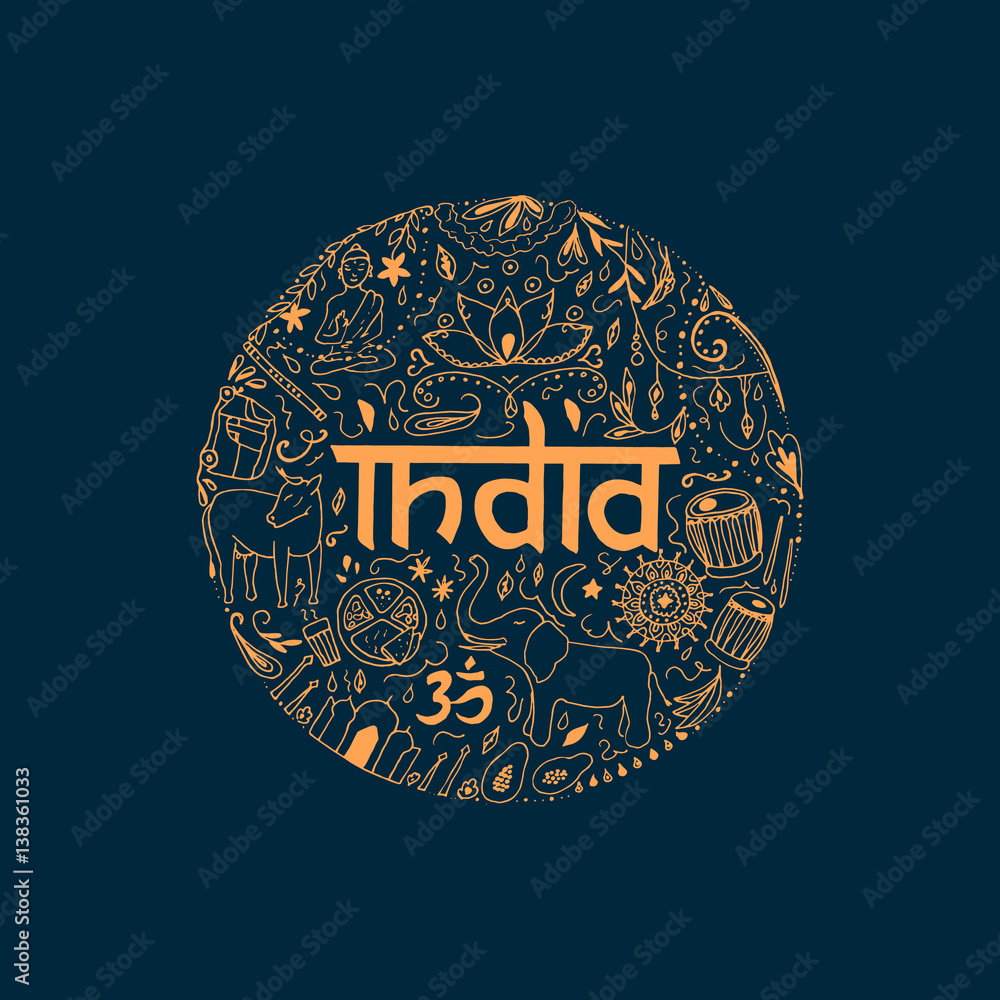 Symbols of India in the form of circle. Hand drawing elements of India ...