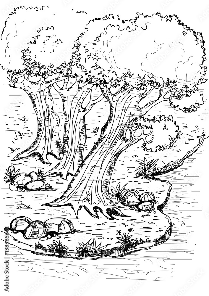 Vector hand drawn sketch river and nature Stock Vector | Adobe Stock