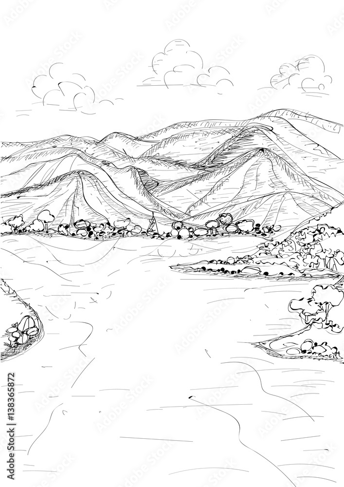 Vector hand drawn sketch river and nature Stock Vector | Adobe Stock