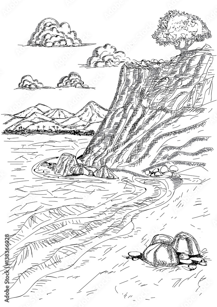 Vector hand drawn sketch river and nature Stock Vector | Adobe Stock