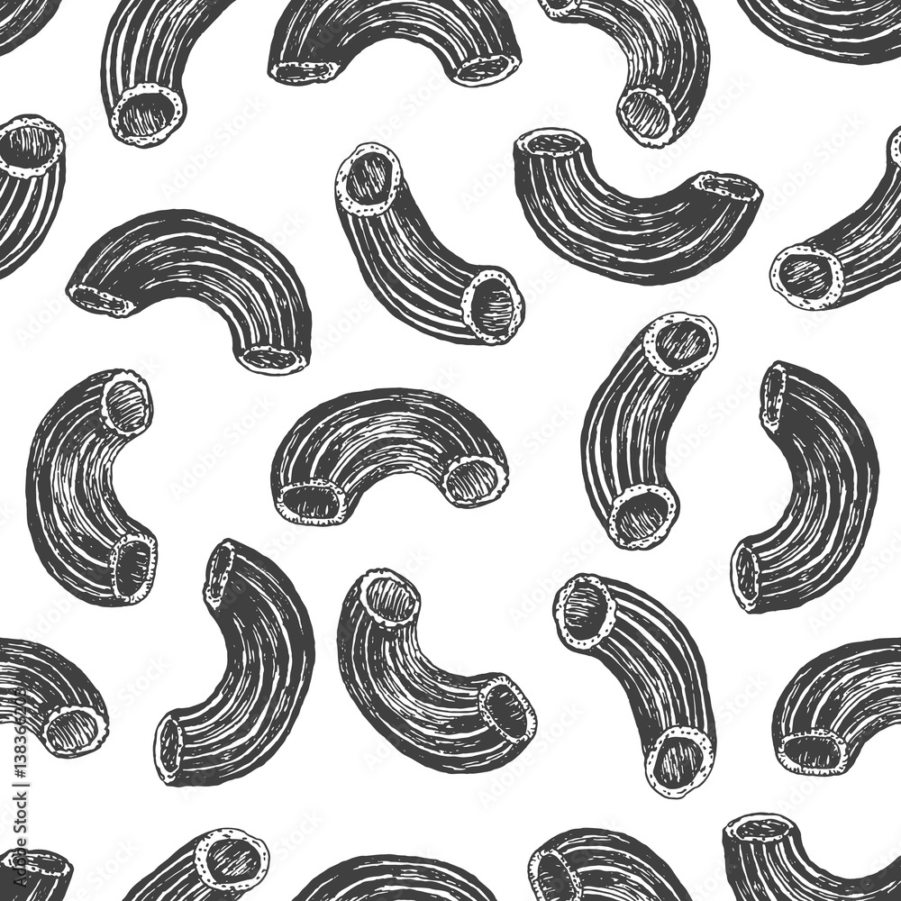 Seamless pattern design or background with pasta ridged elbow. Hand ...