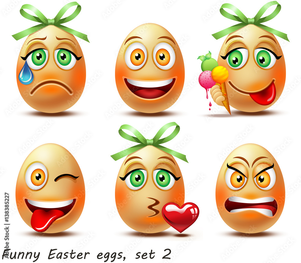 Happy Easter emoticons: set of 6 funny egg-shaped emoji in cartoon ...