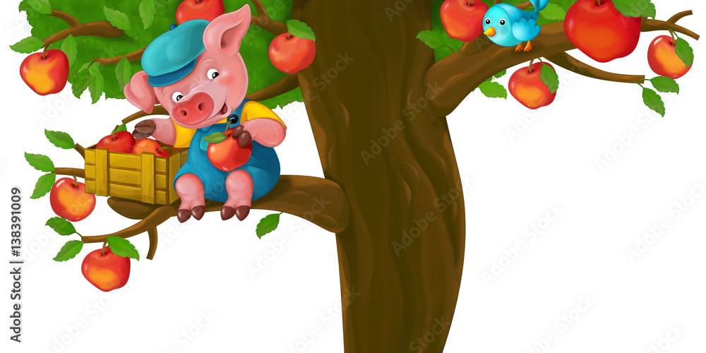 cartoon scene with little pig sitting on the tree plucking apples space ...
