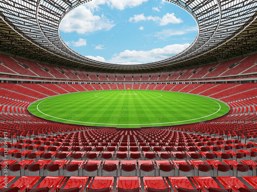 3D render of a round cricket stadium with red seats and VIP boxes Stock ...