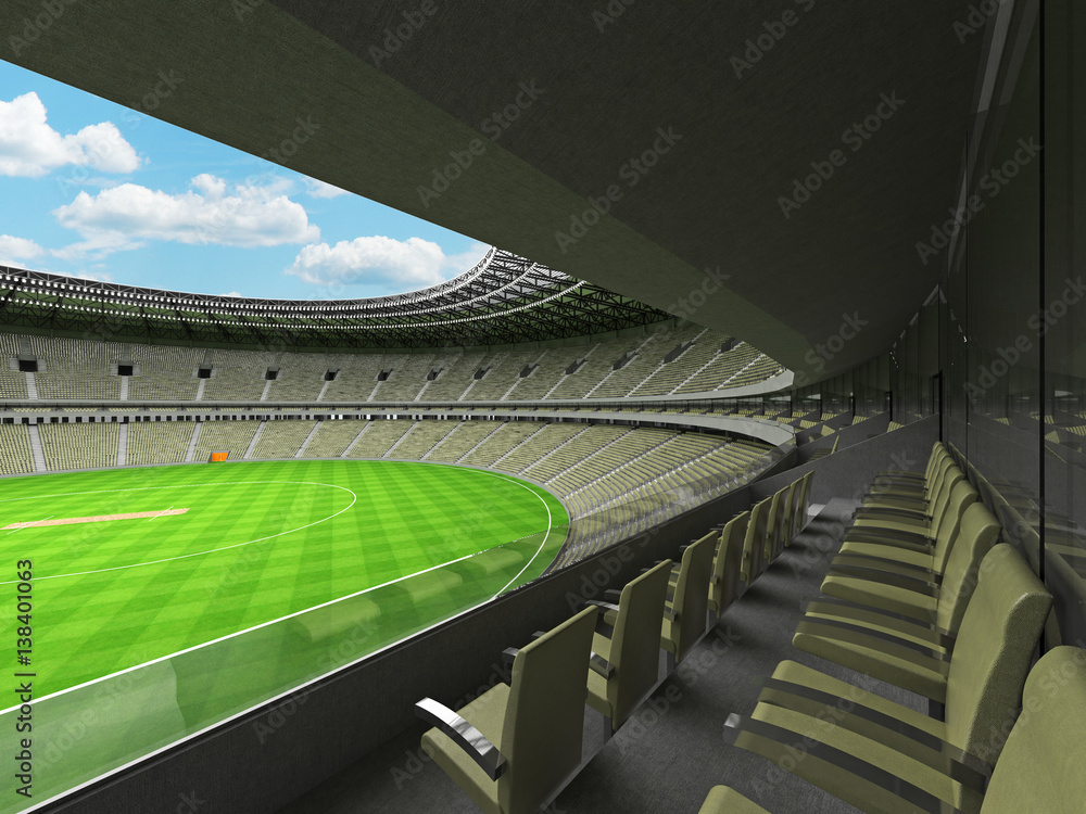 3D render of a round cricket stadium with grey green seats and VIP ...