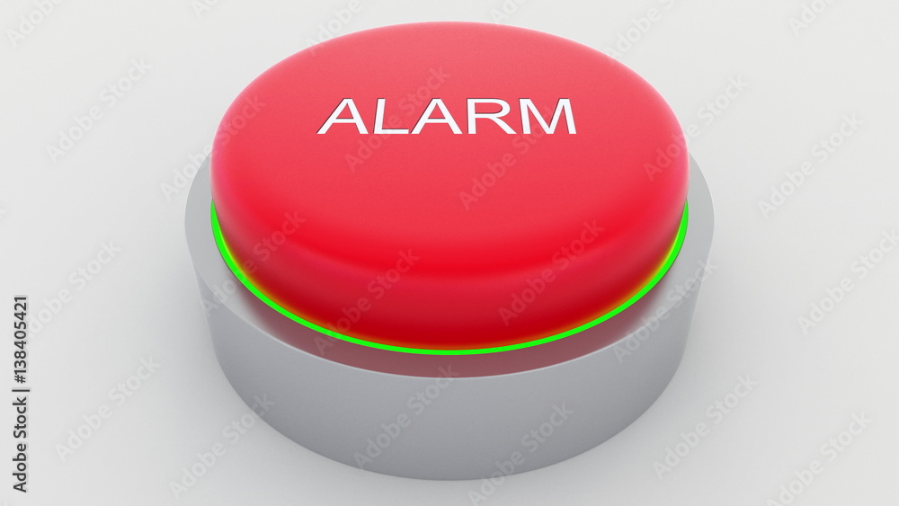 Big red button with alarm inscription being pushed. Conceptual 3D ...