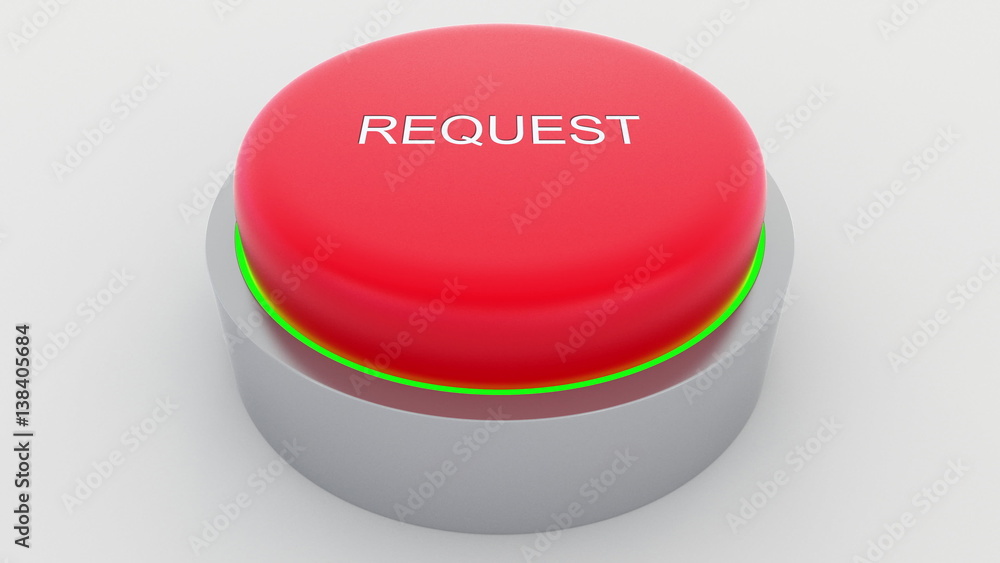 Big red button with request inscription being pushed. Conceptual 3D ...