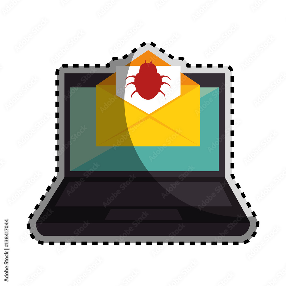 sticker color silhouette with laptop computer and virus mail vector ...