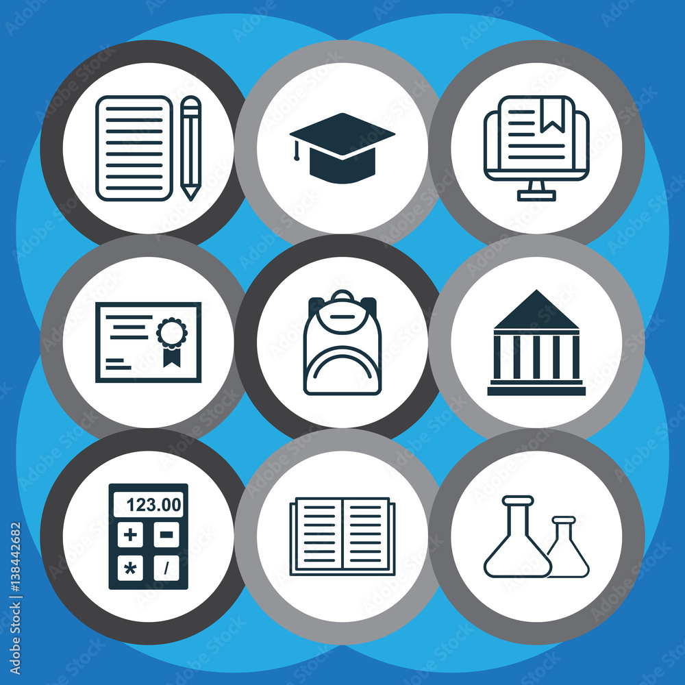 Set Of 9 School Icons. Includes E-Study, Electronic Tool, Certificate ...