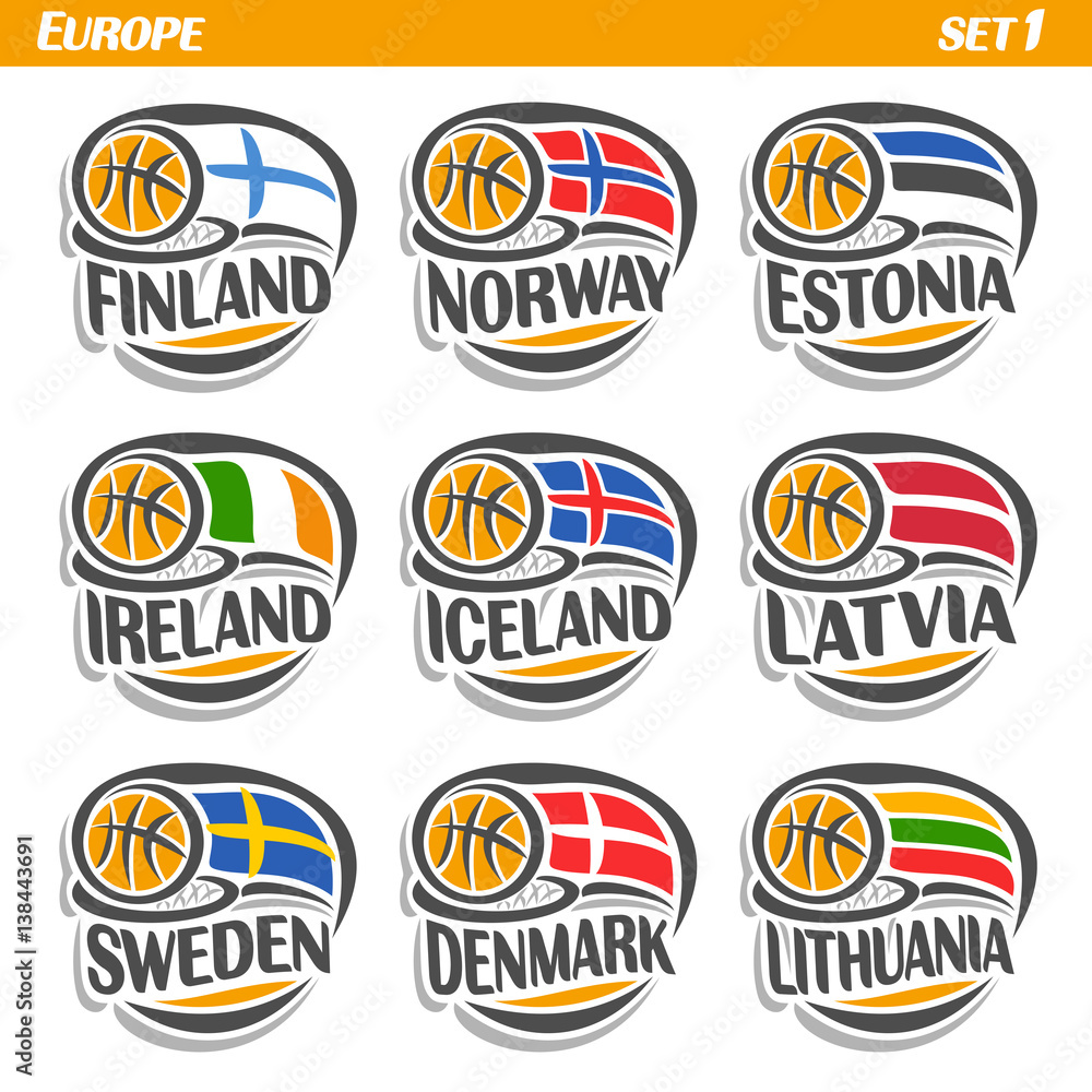 Vector set Flags of European Countries with Basketball Ball: Logo ...