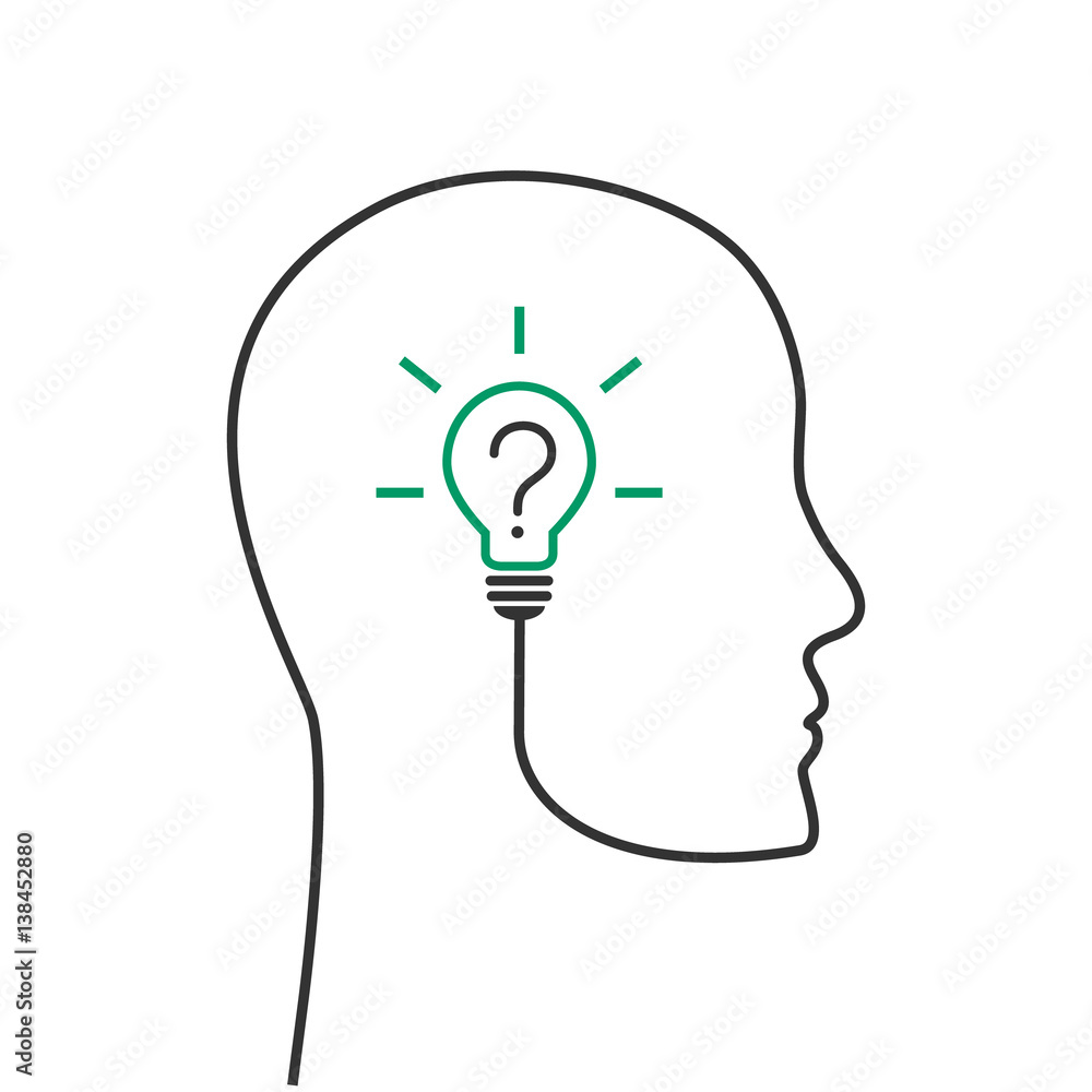 Thinking and problem solving concept with head and light bulb with ...