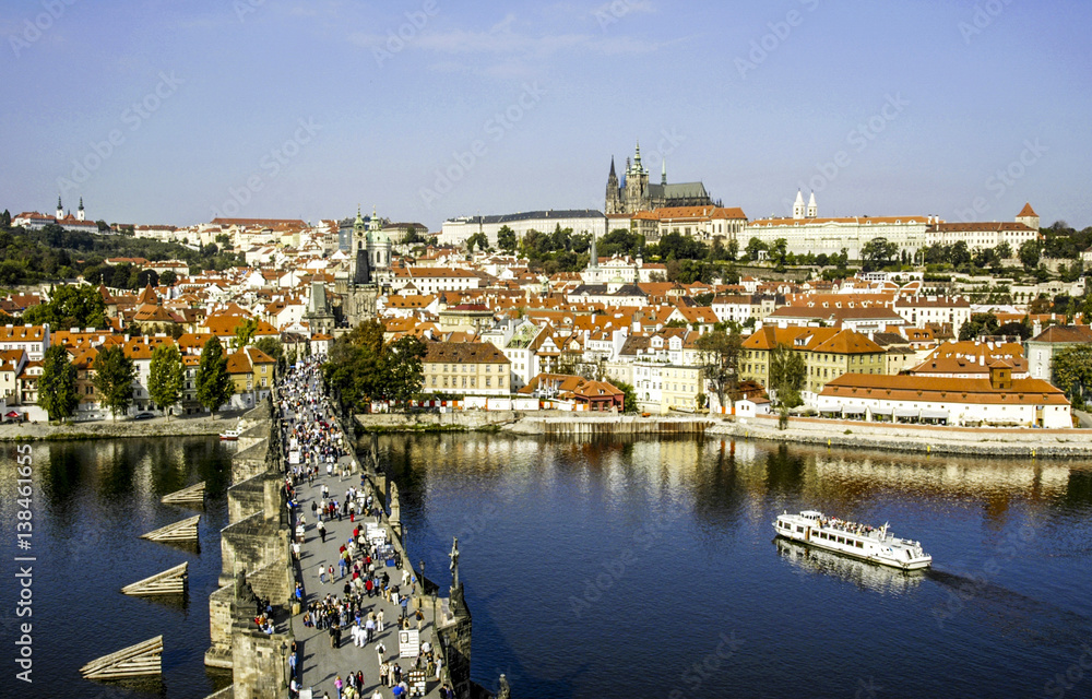 Prague, city panoram, Carls Bridge, river Moldova, hill Hradschi Stock Photo | Adobe Stock