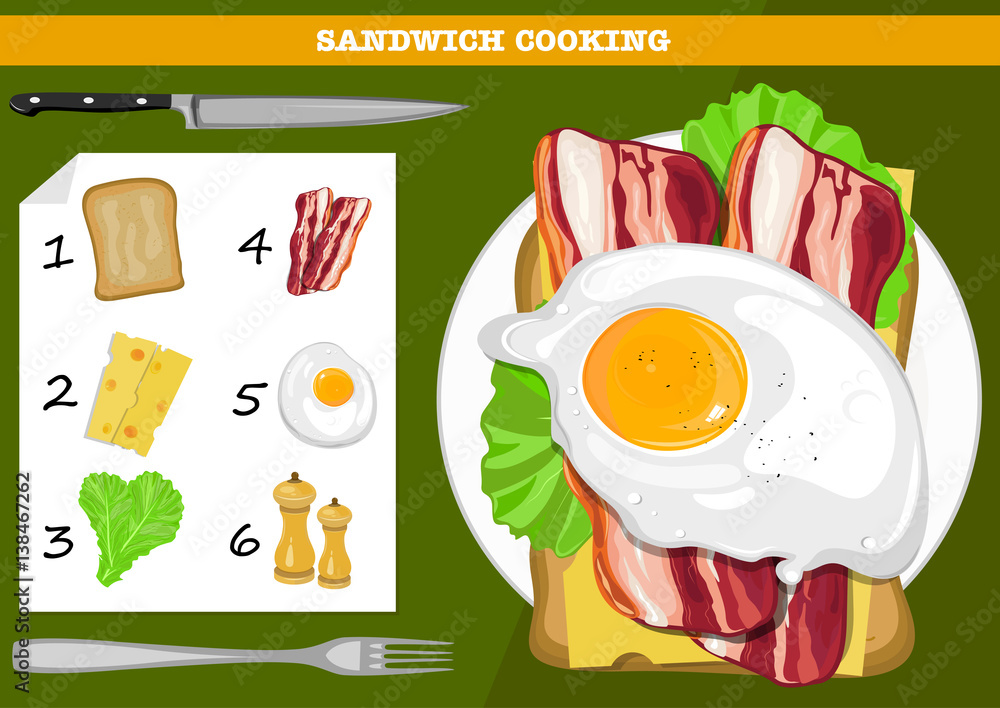 Sandwich cooking infographic illustration. Sandwich wiht omelet, bacon ...